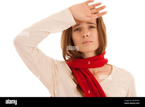 Beautiful Young Brunette Woman Holds Her Head As She Has Headache
