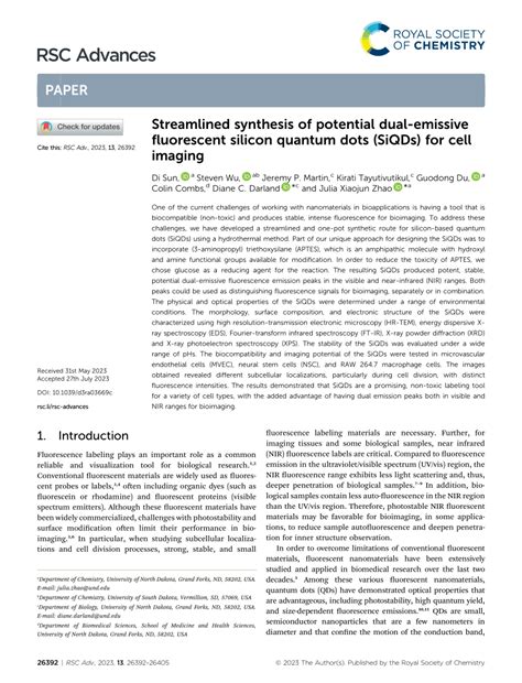 Pdf Streamlined Synthesis Of Potential Dual Emissive Fluorescent Silicon Quantum Dots Siqds