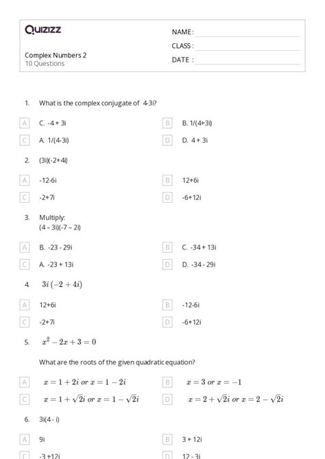50 complex numbers worksheets for 12th year on quizizz free and printable