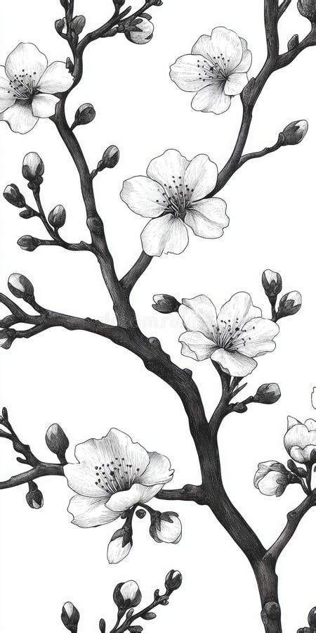 Sakura Branches Texture Seamless In Black And White Style Stock
