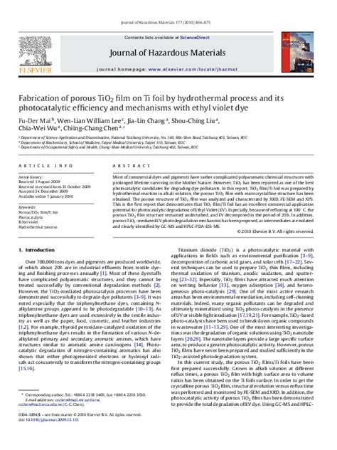 Pdf Fabrication Of Porous Tio2 Film On Ti Foil By Hydrothermal Process And Its Photocatalytic