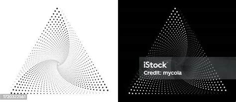 나선형 형태의 점이있는 삼각형 흰색 바탕에 검은색 그림과 검은색 면에 똑같이 흰색 그림 착시에 대한 스톡 벡터 아트 및 기타