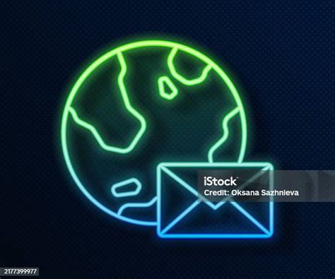 빛나는 네온 라인 지구 지구본 와 메일 와 이메일 아이콘 와 파란 배경 절연된 와 봉투 기호 전자 메일 전자 메일 메시지 서명입니다 벡터 0명에 대한 스톡 벡터 아트 및