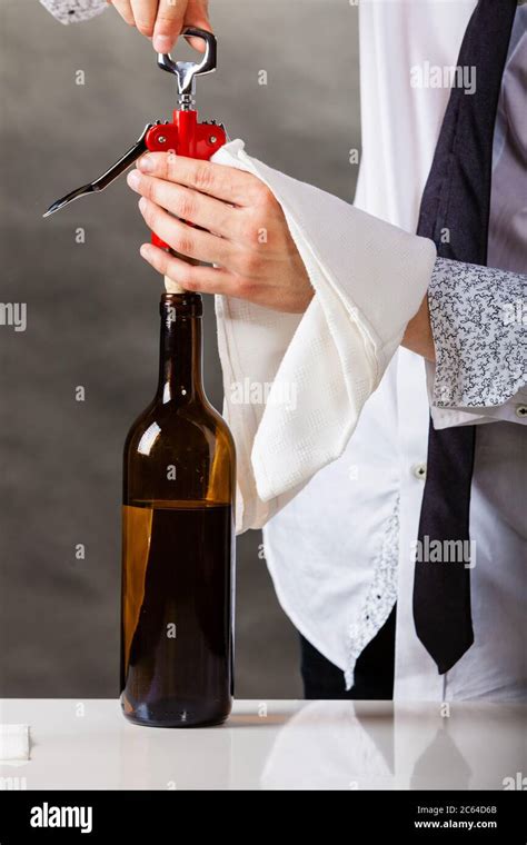 Winery Serving Tasting Alcohol Liquor Concept Waiter Opens Wine Bottle