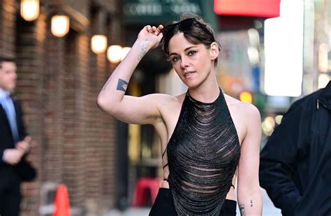 Kristen Stewart Wears A Sheer Beaded Halter Top With No Bra