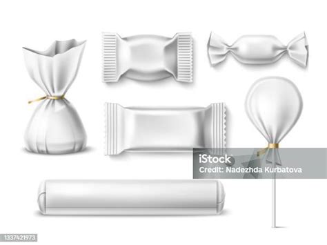 사탕 포장 현실적인 과자 포장 템플릿 3d 설탕 제품 봉봉 롤리팝 다른 모양 흰색 종이 모형 벡터 집합 상자에 대한 스톡 벡터