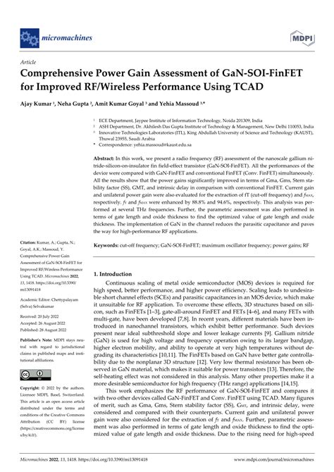 Pdf Comprehensive Power Gain Assessment Of Gan Soi Finfet For Improved Rf Wireless Performance