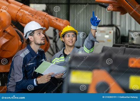 Engineers Working Robot Assembly Industry Plant In Factory Examining Condition Inspection