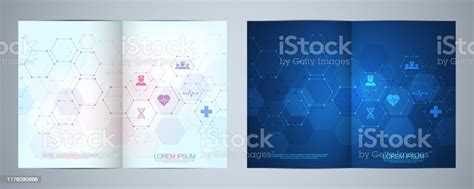 템플릿 브로셔 또는 표지 책 페이지 레이아웃 전단지 디자인 건강 관리 사업 혁신 의학 약국 기술에 대한 개념과 아이디어 평면 아이콘과 기호와 의료 배경 책자에 대한 스톡