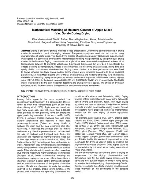 Pdf Mathematical Modeling Of Moisture Content Of Apple Slices Var Golab During Drying