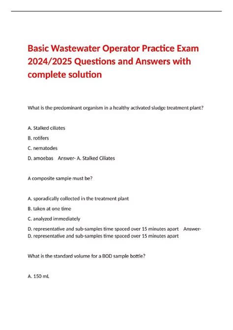 Basic Wastewater Operator Practice Exam 20242025 Questions And Answers