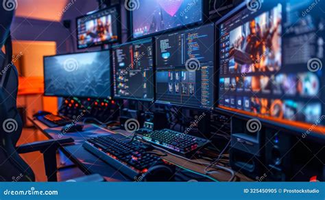 Multi-Monitor Setup with Gaming and Coding Stock Image - Image of streamer, office: 325450905