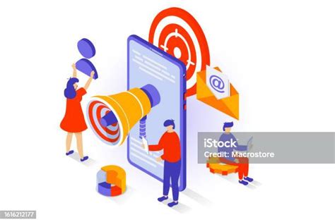 3d 아이소메트릭 디자인의 비즈니스 및 마케팅 개념 회사를 개발하고 소셜 네트워크에서 홍보하고 광고 캠페인을 만드는 사람들 웹 그래픽을 위한 등각측정 장면이 있는 벡터 그림
