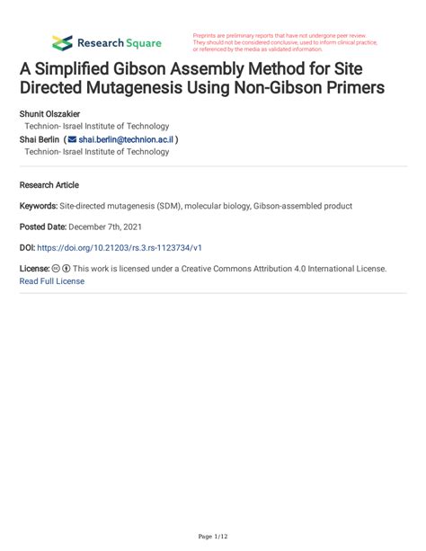 Pdf A Simplified Gibson Assembly Method For Site Directed Mutagenesis