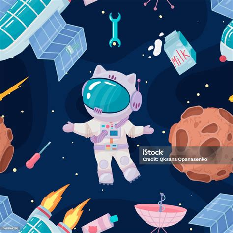 우주 공간의 우주 비행사 Ufo 우주선 로켓 태양계 은하계 여행 은하 행성 소행성 혜성 별똥별 흰색 배경에 만화 스타일의 벡터
