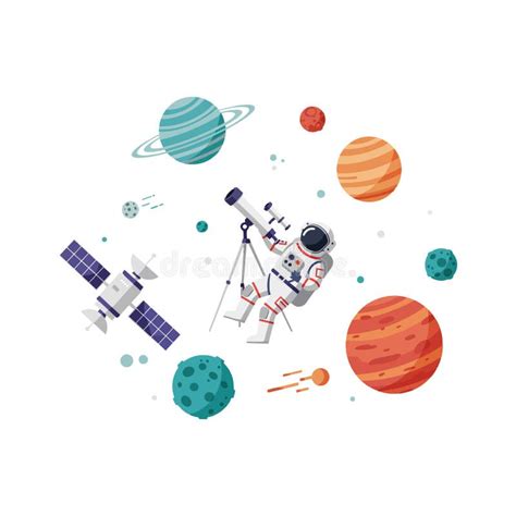 Astronaut Observing Distant Planets Using A Telescope In A Colorful Flat Vector Art Scene Of