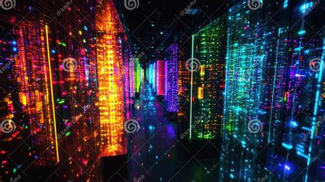 Futuristic Server Room Glowing With Colorful Data Flowing Through Network Cables Stock Image