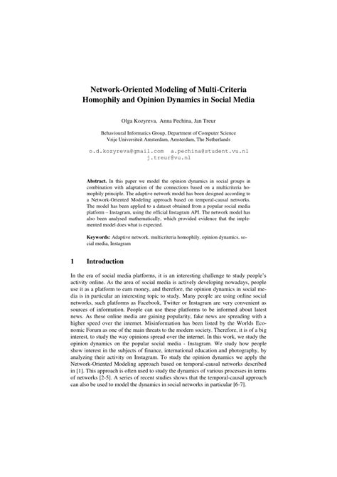Pdf Network Oriented Modeling Of Multi Criteria Homophily And Opinion