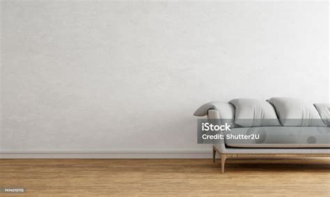 나무와 직물 직물로 만든 회색 소파가있는 흰색 빈 벽 인테리어 및 건축 배경 개념 3d 그림 렌더링 거실에 대한 스톡 사진 및 기타 이미지 Istock