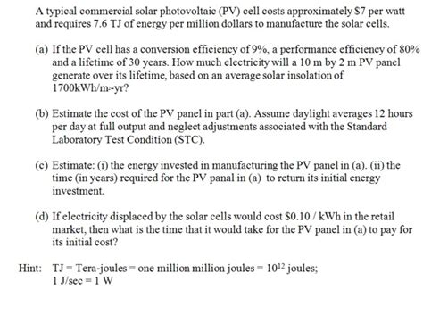Solved A Typical Commercial Solar Photovoltaic PV Cell Chegg