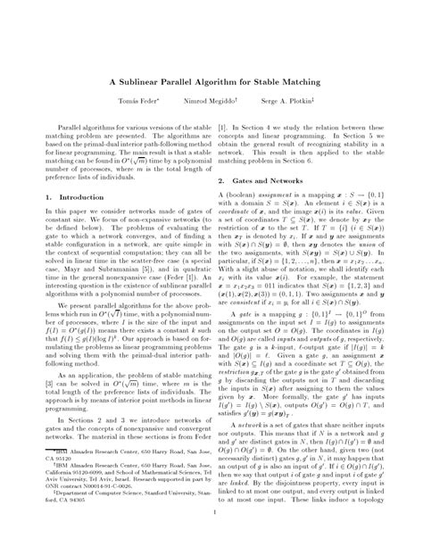 PDF A Sublinear Parallel Algorithm For Stable Matching