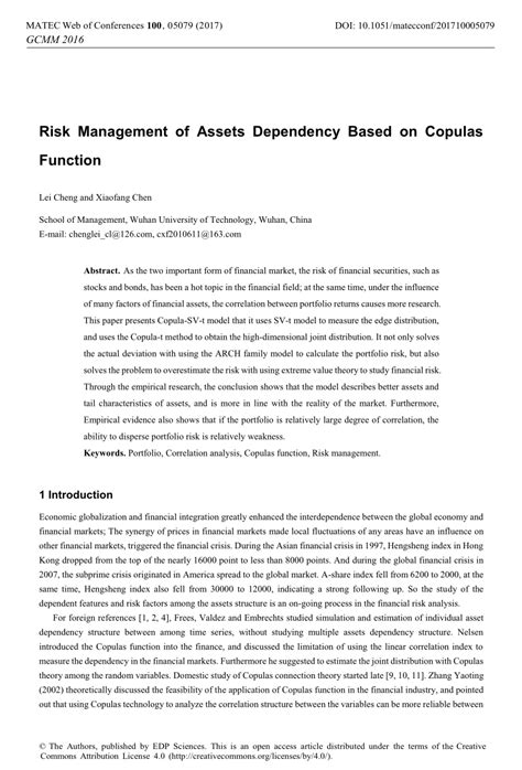 pdf risk management of assets dependency based on copulas function