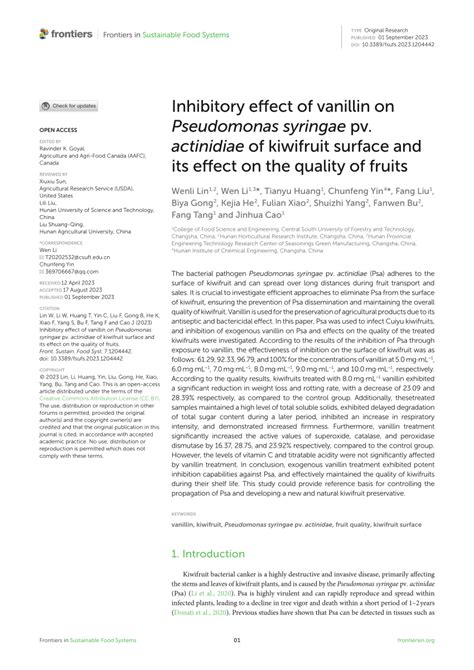 Pdf Inhibitory Effect Of Vanillin On Pseudomonas Syringae Pv Actinidiae Of Kiwifruit Surface