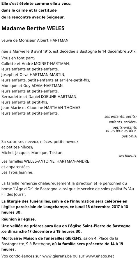 Avis De Décès De Berthe Weles Décédé Le 14 12 2017 à Bastogne Annonce Condoléances Fleurs