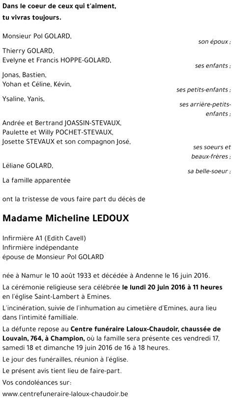 Avis De Décès De Micheline Ledoux Décédé Le 16 06 2016 à Andenne Annonce Condoléances Fleurs