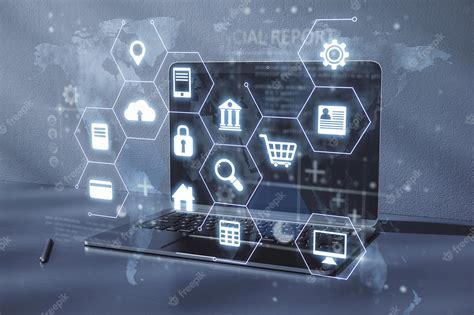 Premium Photo Close Up Of Laptop Computer On Office Desktop And Abstract Glowing Digital Icons