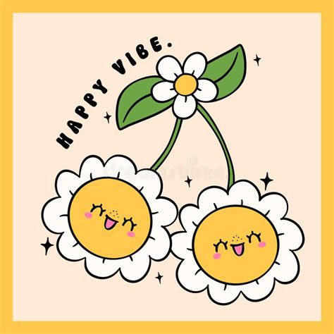 Retro Groovy Happy Daisy Cherries Flower Charm Doodle Line Drawing Stock Vector Illustration