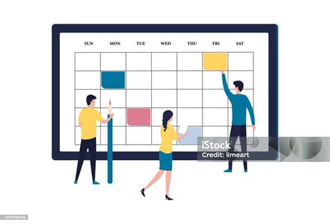 달력 근무 일 계획 일정 할 일 목록 젊은 직원들은 전자 캘린더에서 일주일 동안 계획을 세우고 마감일을 확인합니다 흰색 배경에