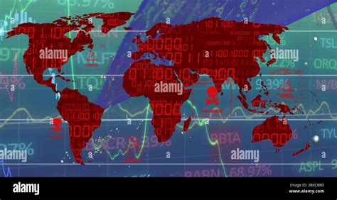 Displaying Red World Map Silhouette In Trading Screen With Binary Streams Skulls And Stock