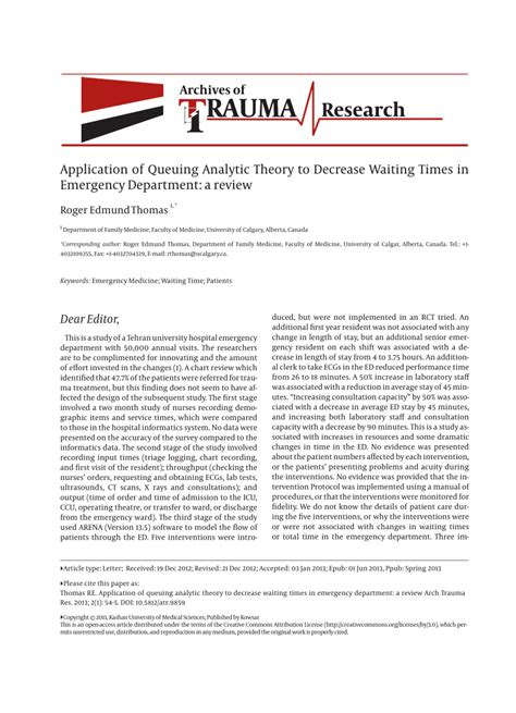 pdf application of queuing analytic theory to decrease waiting times in emergency department