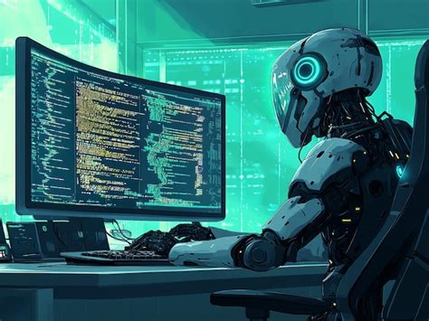 An Illustration Of A Humanoid Robot Sitting At A Desk Coding On A Computer Premium Ai
