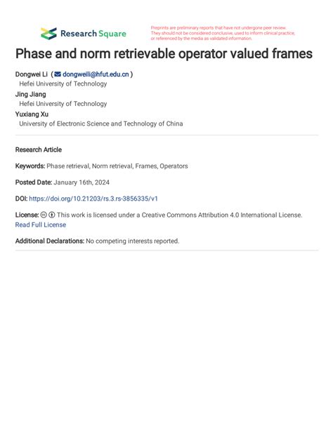 Pdf Phase And Norm Retrievable Operator Valued Frames