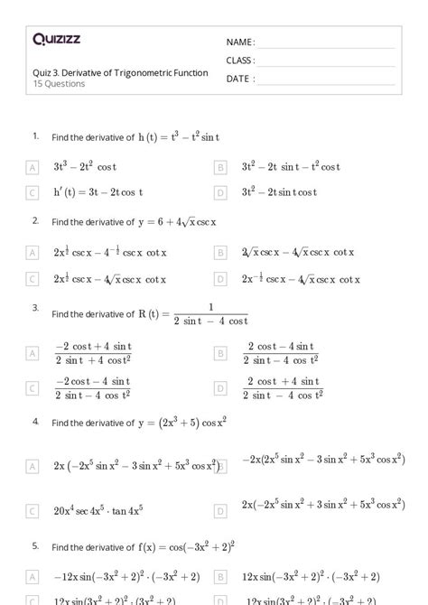 50 Derivatives Of Trigonometric Functions Worksheets On Quizizz Free
