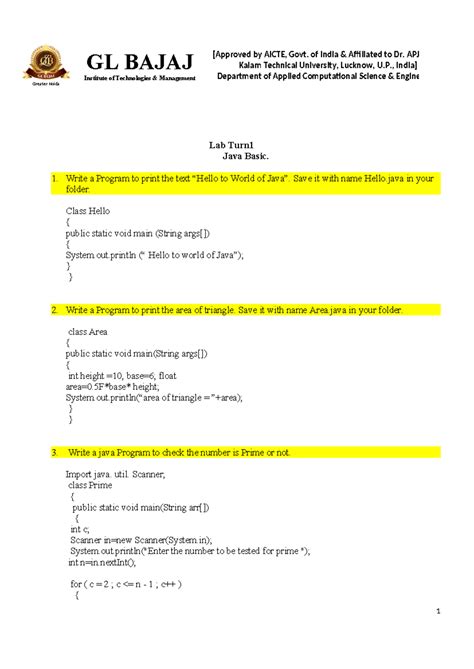 Oops Java Lab Manual Copy Greater Noida Gl Bajaj Institute Of Technologies And Management Kalam