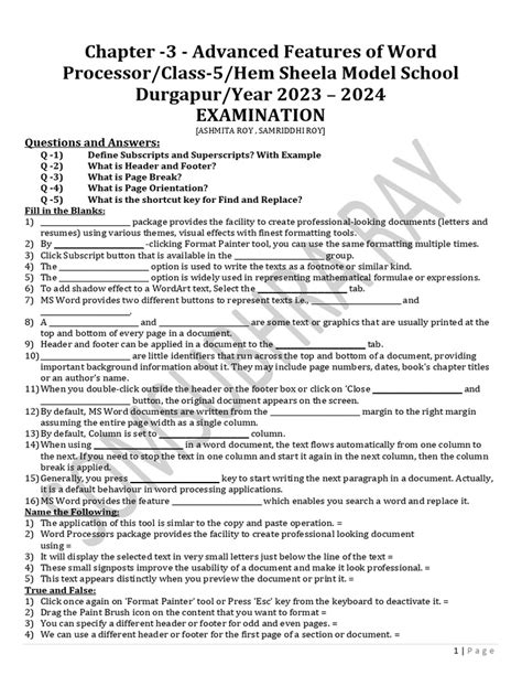 Chapter 3 Advanced Features Word Processor Examination 09 09 2023 Pdf
