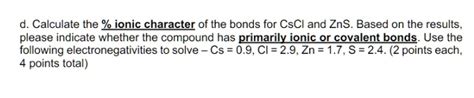 Solved D Calculate The Ionic Character Of The Bonds For Cscl And Zns Based On The Results