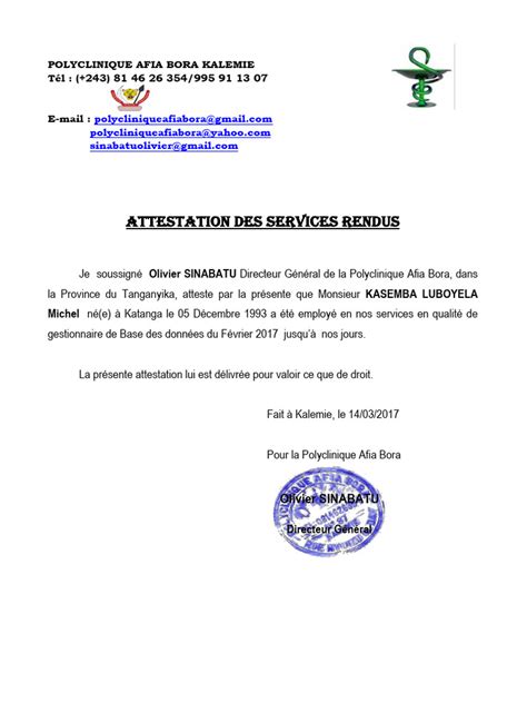 Attestation De Service Rendu Afia Bora 1 Pdf