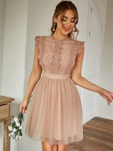 Simplee Lace Trim Mesh Splicing Dress Shein Usa