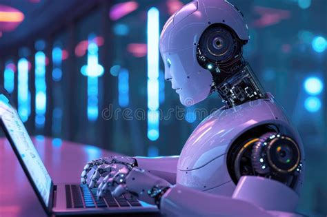 Ai Robot Working At Office By Using Computer Laptop And Typing Keyboard