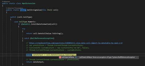 C Npoi Icelldatecellvalue Return Nullreferenceexception Stack