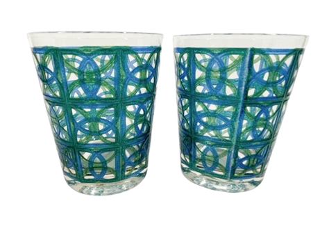 Four Vintage Double Old Fashioned Glasses By Pasinski With Green And