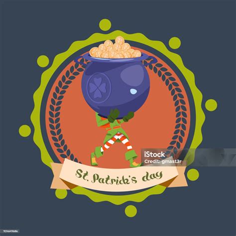 해피 세인트 패 트 릭 일 템플릿 로고 요정 남자 잡고 황금 동전 큰 냄비 3월에 대한 스톡 벡터 아트 및 기타 이미지 3월