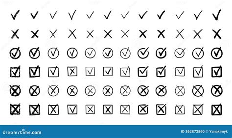 Check Marks Hand Drawn Doodle Set Tick Cross Signs For Checkbox Checklist V And X In Sketch
