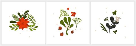 손으로 그린 벡터 추상 그래픽 메리 크리스마스와 새해 복 많이 받으세요 클립 아트 일러스트 꽃과 나뭇잎으로 설정된 인사말 카드