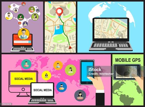 모바일 Gps 네비게이션 소셜 미디어 네트워크 라인 원및 평면 아이콘을 통합성장 배경 디지털 인터랙티브 시장 연결 통신 글로벌 개념에 대한 연결된 기호 거리에 대한 스톡