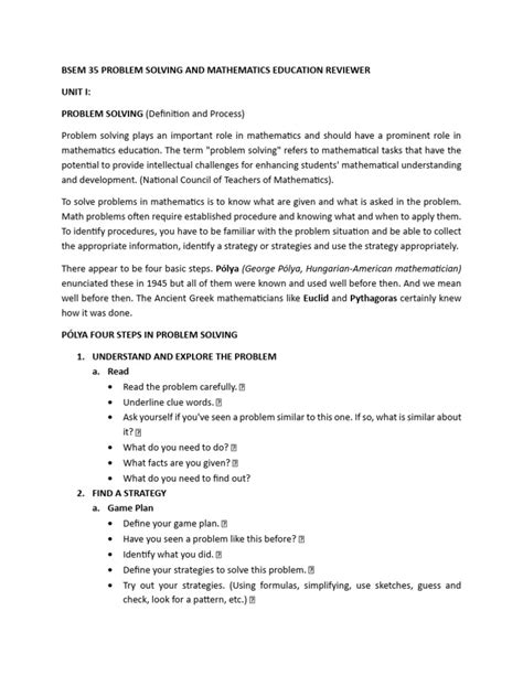 Bsem 35 Problem Solving And Mathematics Education Reviewer Pdf Mathematics Learning